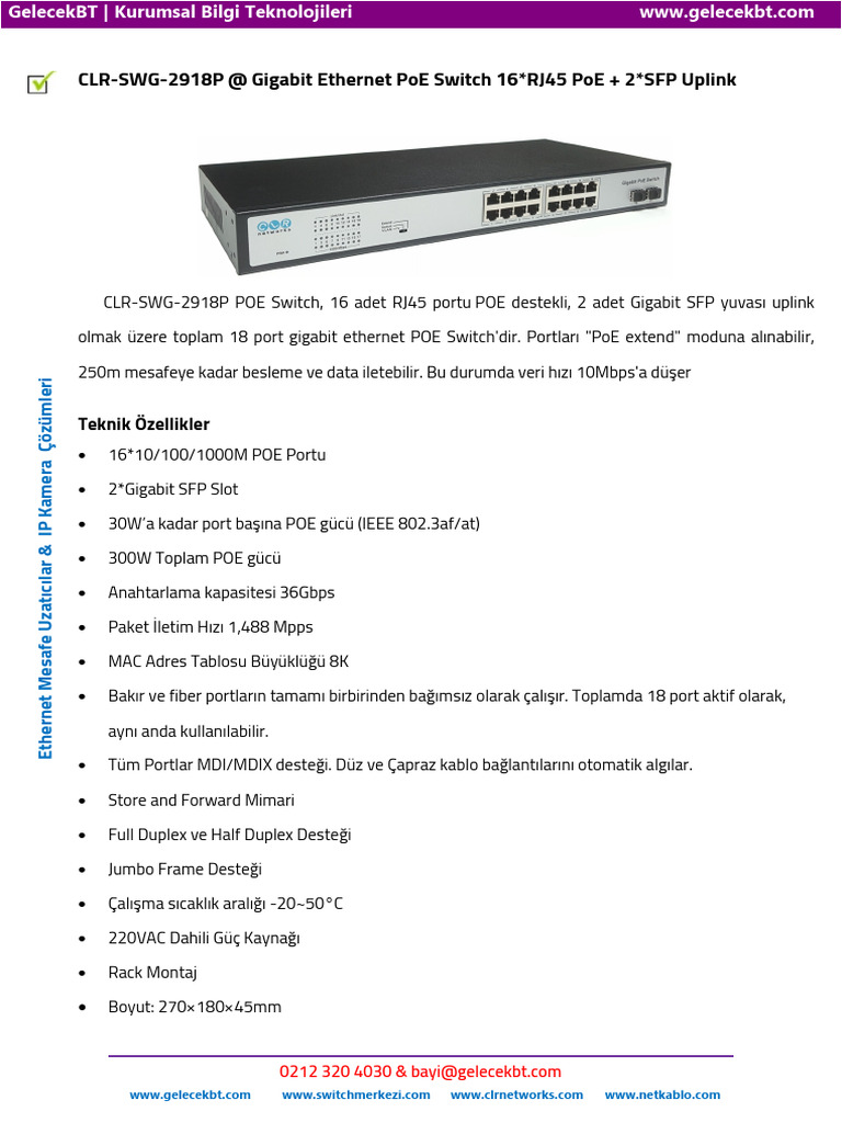 16 Port Gigabit POE Switch CLR-SWG-2918P GelecekBT | PDF