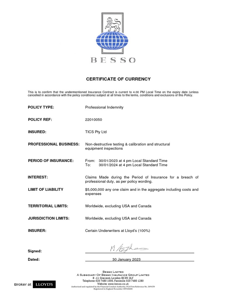 TICS PI Certificate of Currency 2023 | PDF