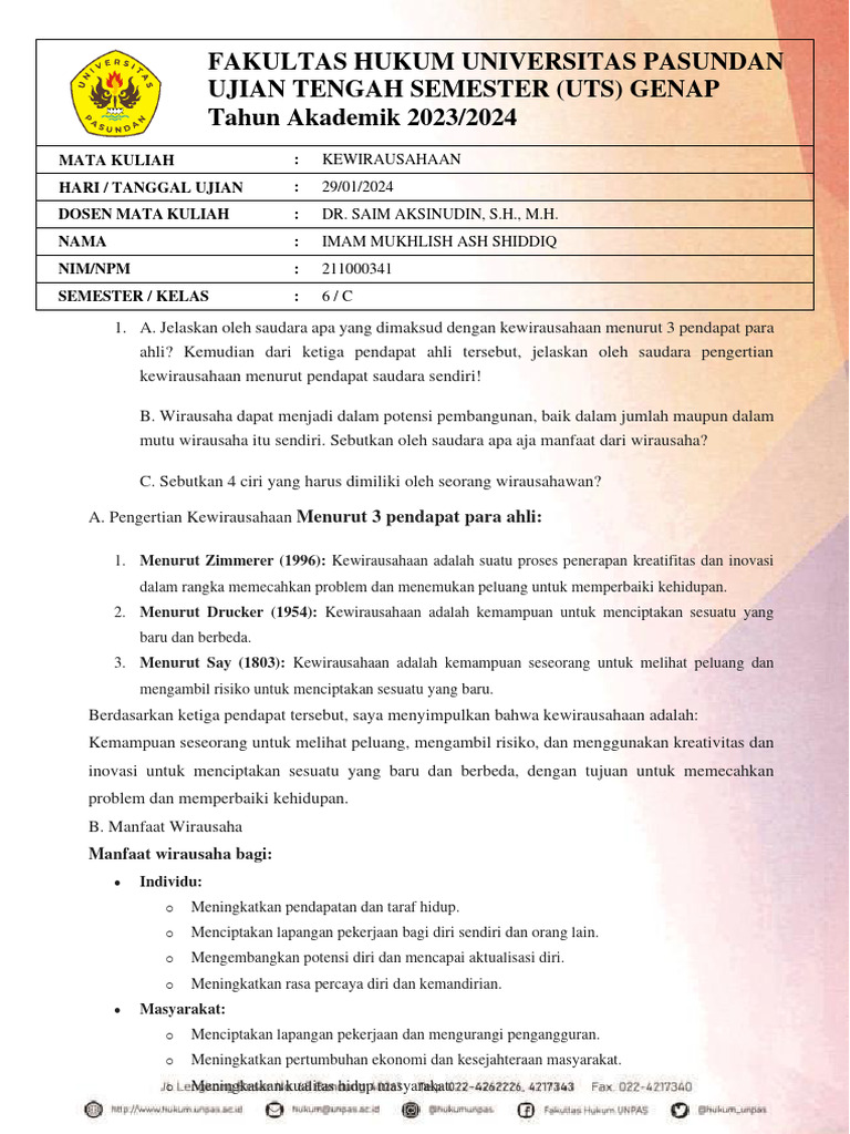 Lembar Jawaban UTS - KWU - IMAM MUKHLISH ASH SHIDDIQ | PDF | Bisnis
