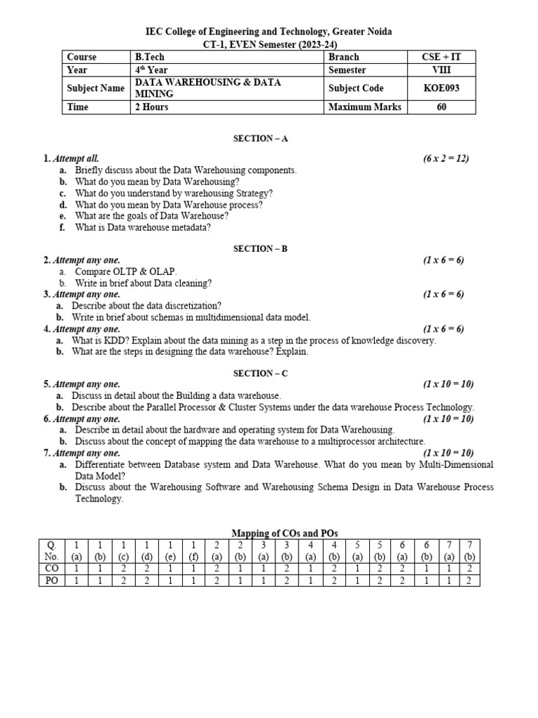PUT BCS302 COA (QuestionPaper) | PDF | Data Warehouse | Computer Science