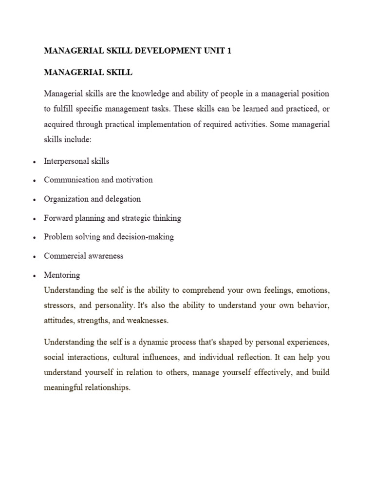 Managerial Skill Development Unit 1 | PDF | Self Concept | Self Esteem