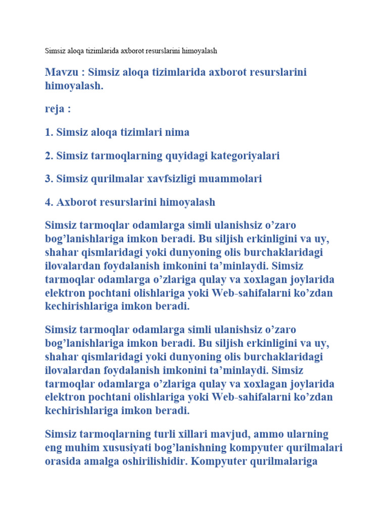 Simsiz Aloqa Tizimlarida Axborot Resurslarini | PDF