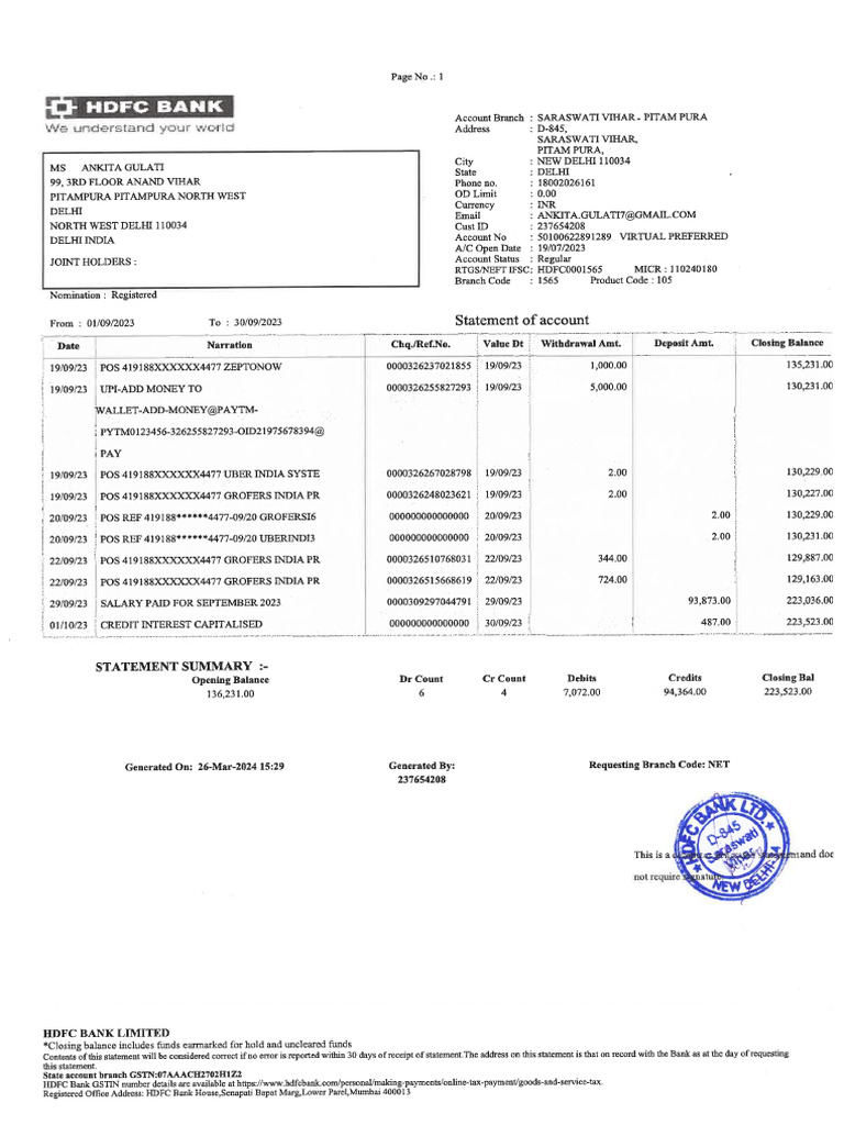 Ankita - Sep Bank Statement | PDF