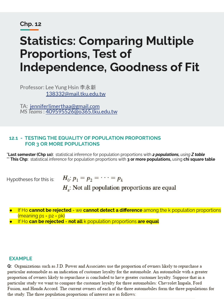 Statistics TA CHP 12 Multiple Proportions, Test of Independence ...