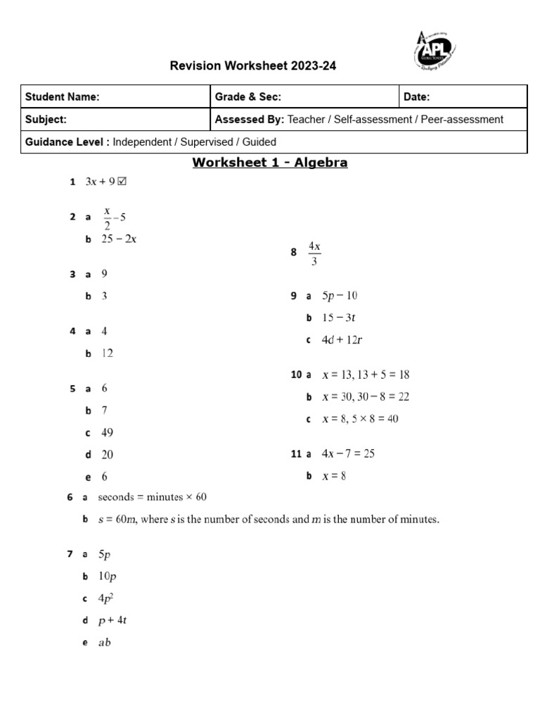 2023-24 Math Revision Worksheets | PDF