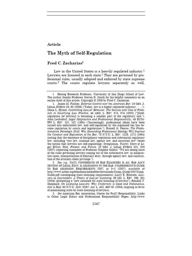 2. Zacharias_The Myth of Self-regulation | PDF | Lawyer | Profession