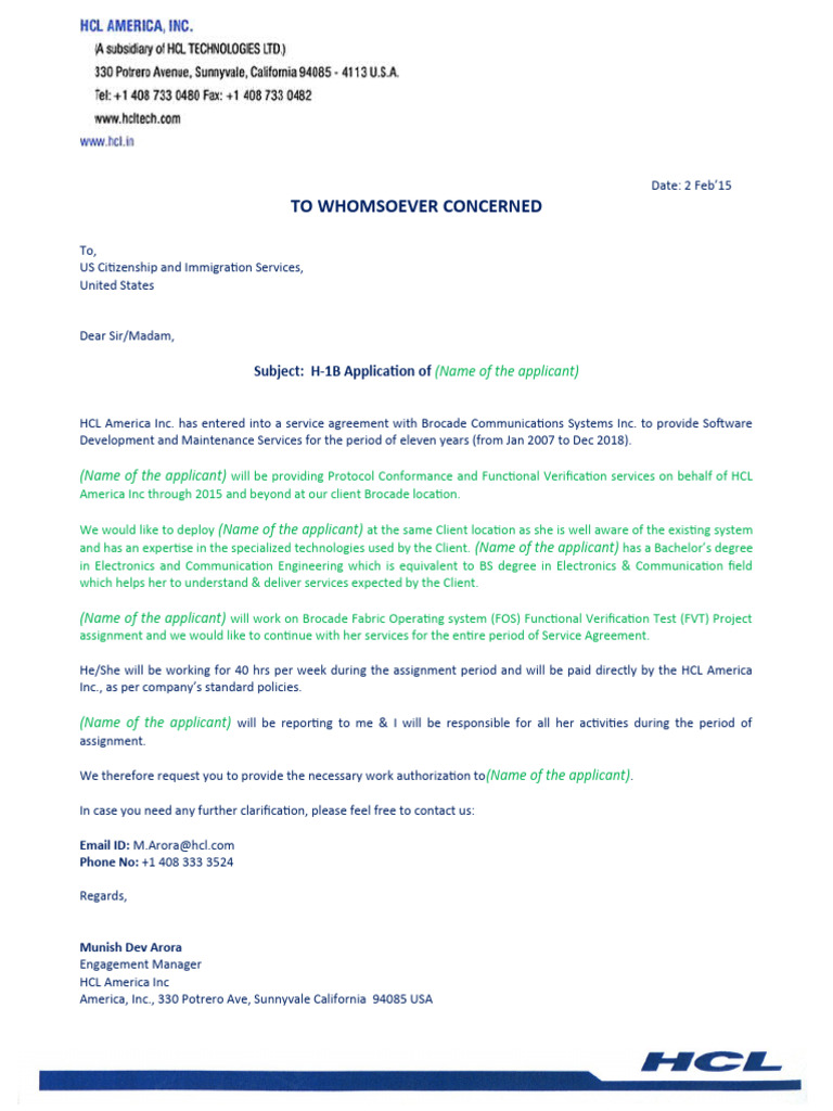 Onsite Manager Letter Sample | PDF | Employment | H 1 B Visa