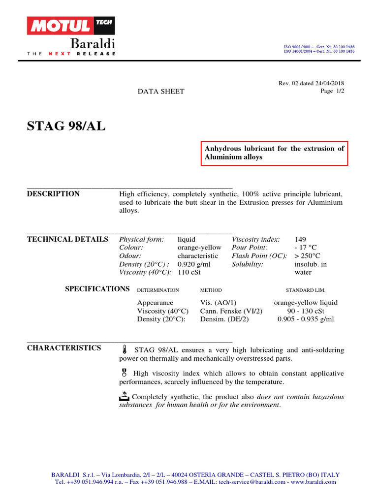 STAG 98/AL Lubricant Data Sheet | PDF | Viscosity | Liquids