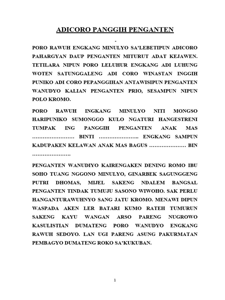 Teks Adicoro Panggih Penganten Jawi | PDF