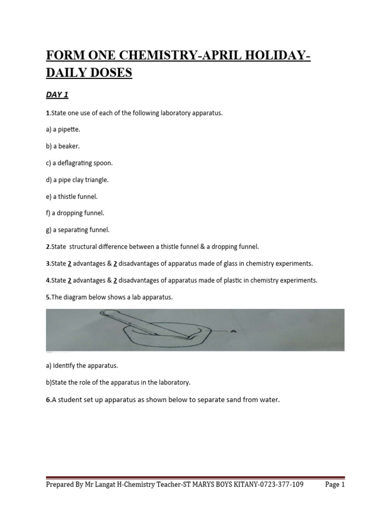 Form 1 Chem-April Holiday - Daily Tasks-Term 1 2024 | PDF | Solubility ...