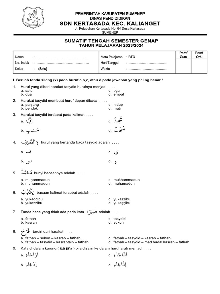 Soal BTQ PTS KLS 1 Genap 2024 | PDF