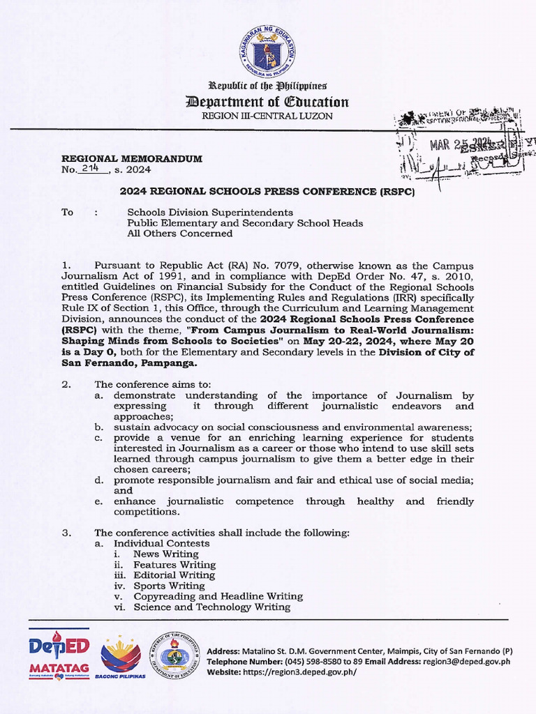 RM No. 214S.2024 2024 Regional Schools Press Conference RSPC | PDF