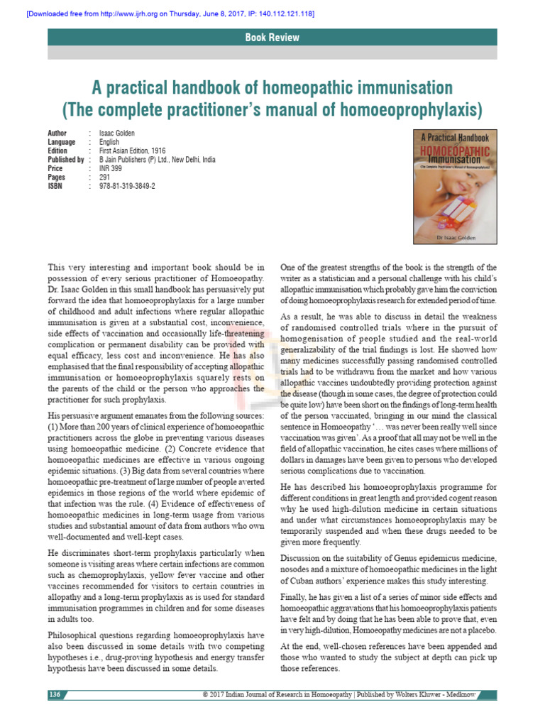 A Practical Handbook of Homeopathic Immunisation T | PDF | Homeopathy | Preventive Healthcare