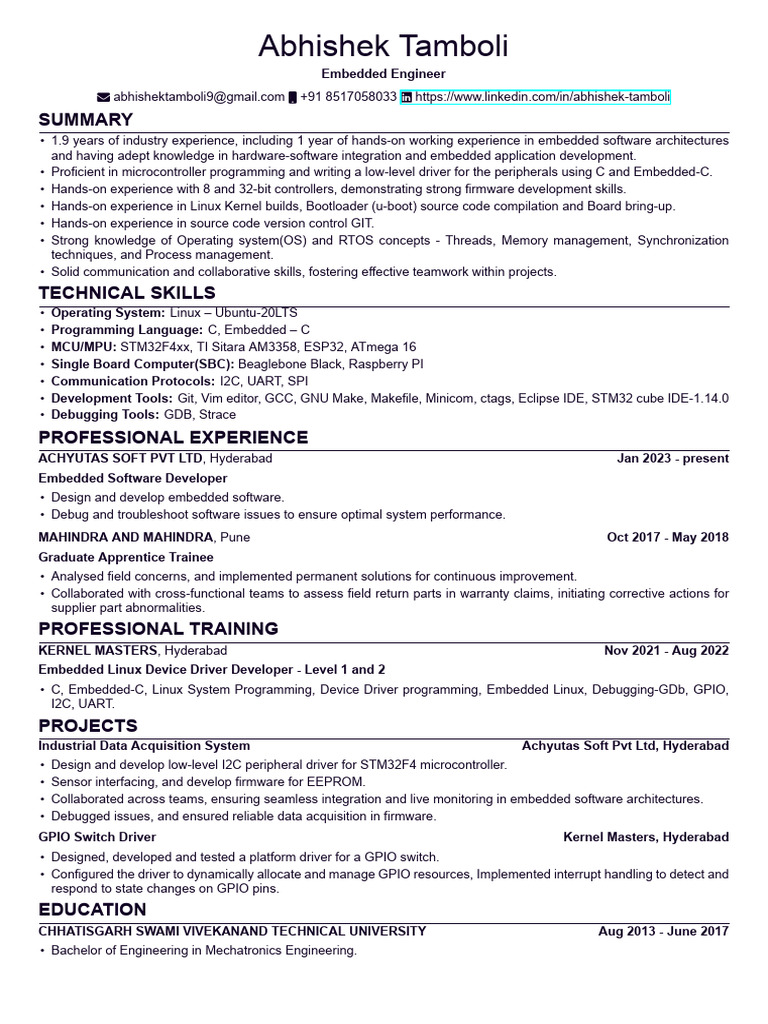 Abhishek Tamboli Resume | PDF | Embedded System | Microcontroller