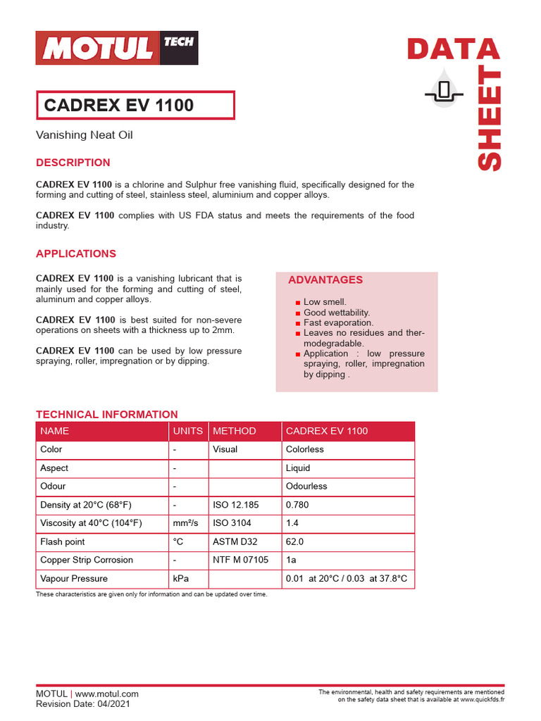 CADREX EV 1100 Vanishing Lubricant | PDF | Sheet Metal | Industrial ...