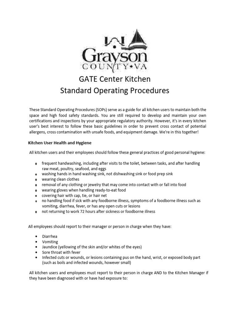 GATE Center Kitchen Standard Operating Procedures: Kitchen User Health ...