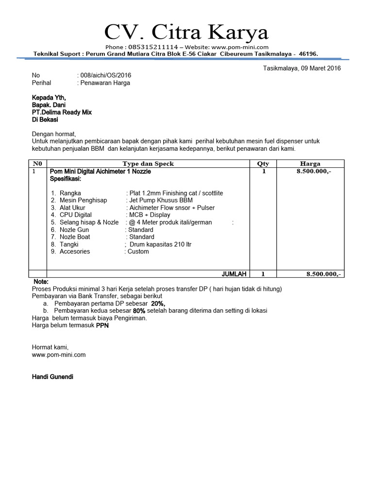 Surat Penawaran Pengadaan Pom Mini | PDF