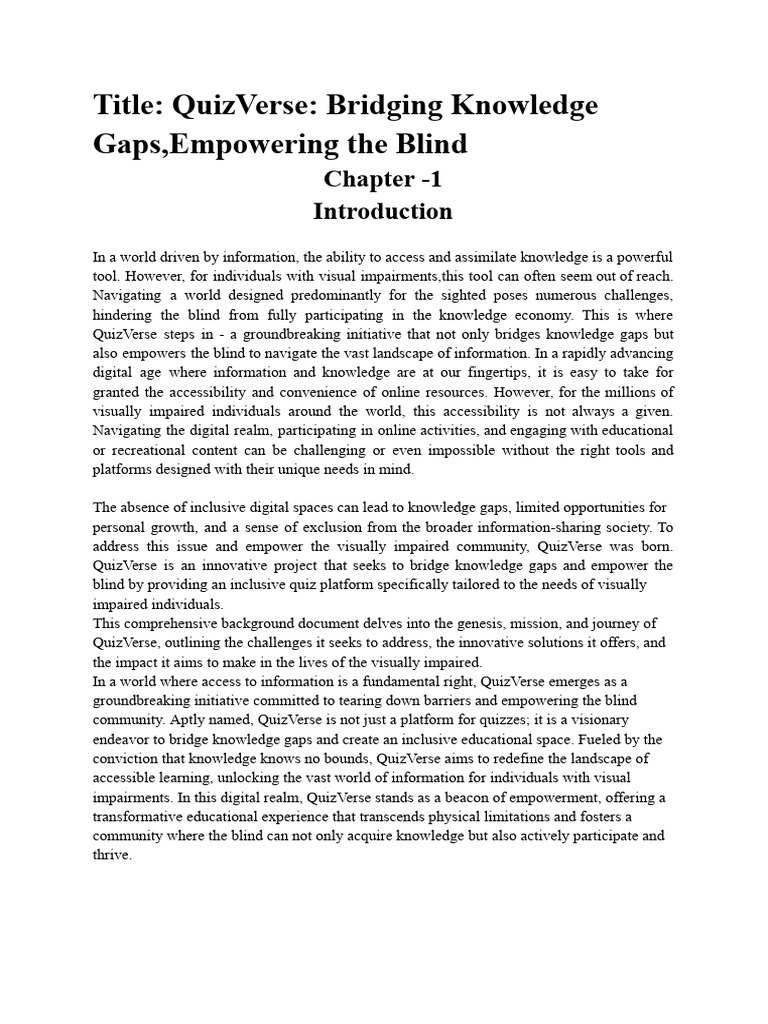 QuizVerse - Bridging Knowledge Gaps, Empowering The Blind | PDF | Accessibility | Learning