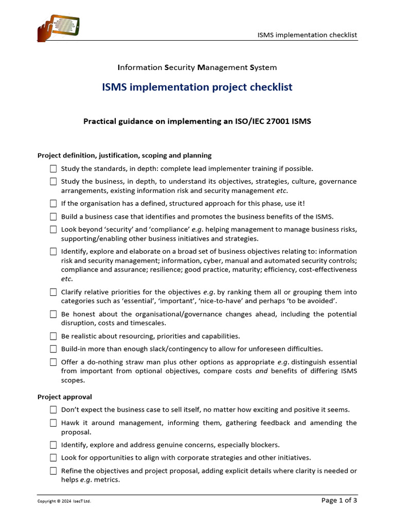 Iso27k Isms Implementation Checklist Pdf Risk Governance