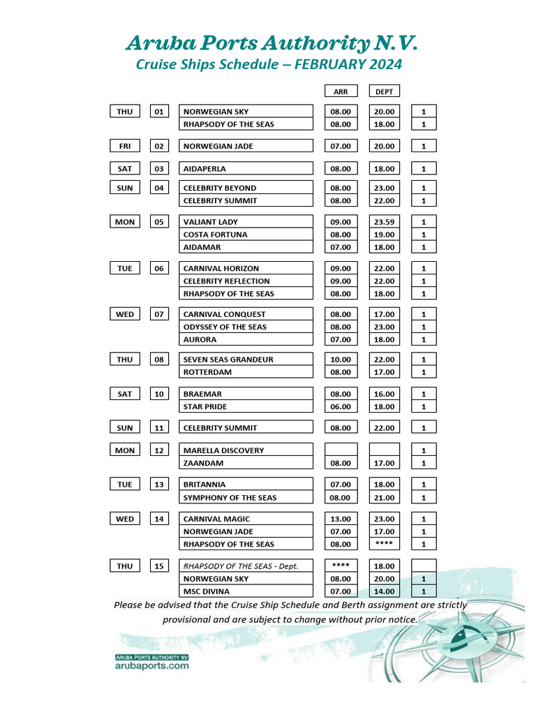 Cruise Ship Schedule February 2024 Public | Download Free PDF | Ships ...