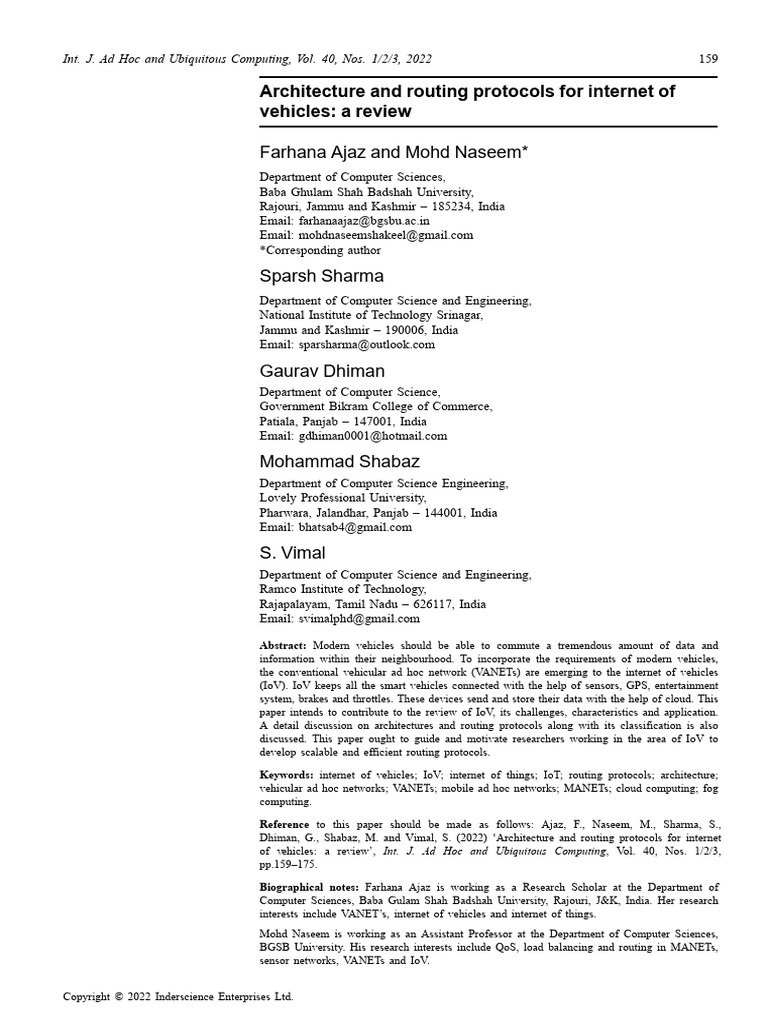 Ajaz Et Al 2022 Architecture And Routing Protocols For Internet Of Vehicles A Review Download