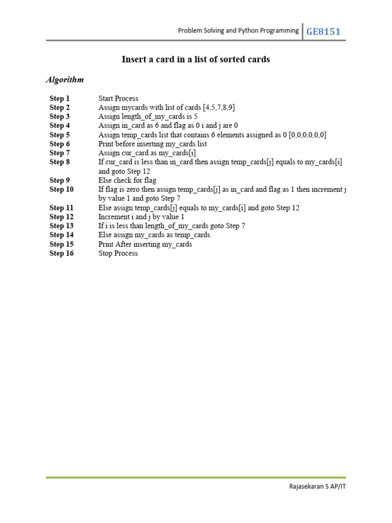Insert Card in Sorted List Algorithm | PDF | Algorithms And Data ...