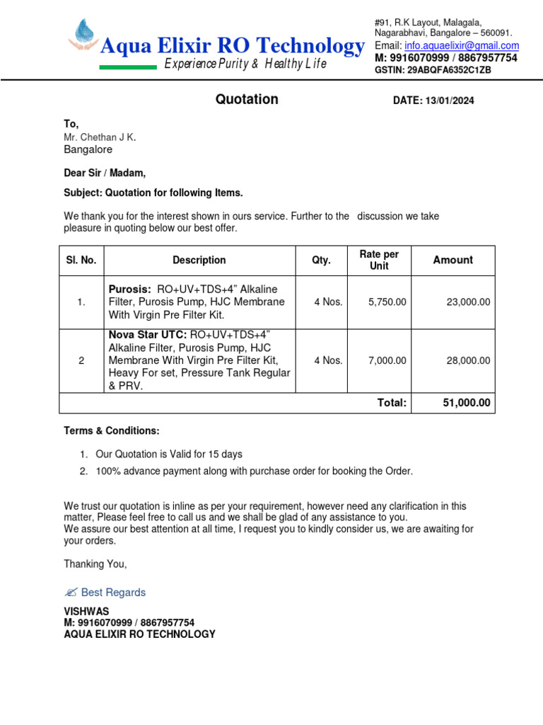 Aqua Elixir RO Technology Quotation | PDF