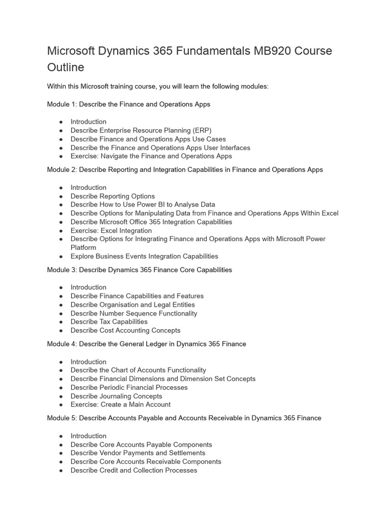 Microsoft Dynamics 365 Fundamentals MB920 Course Outline | PDF ...