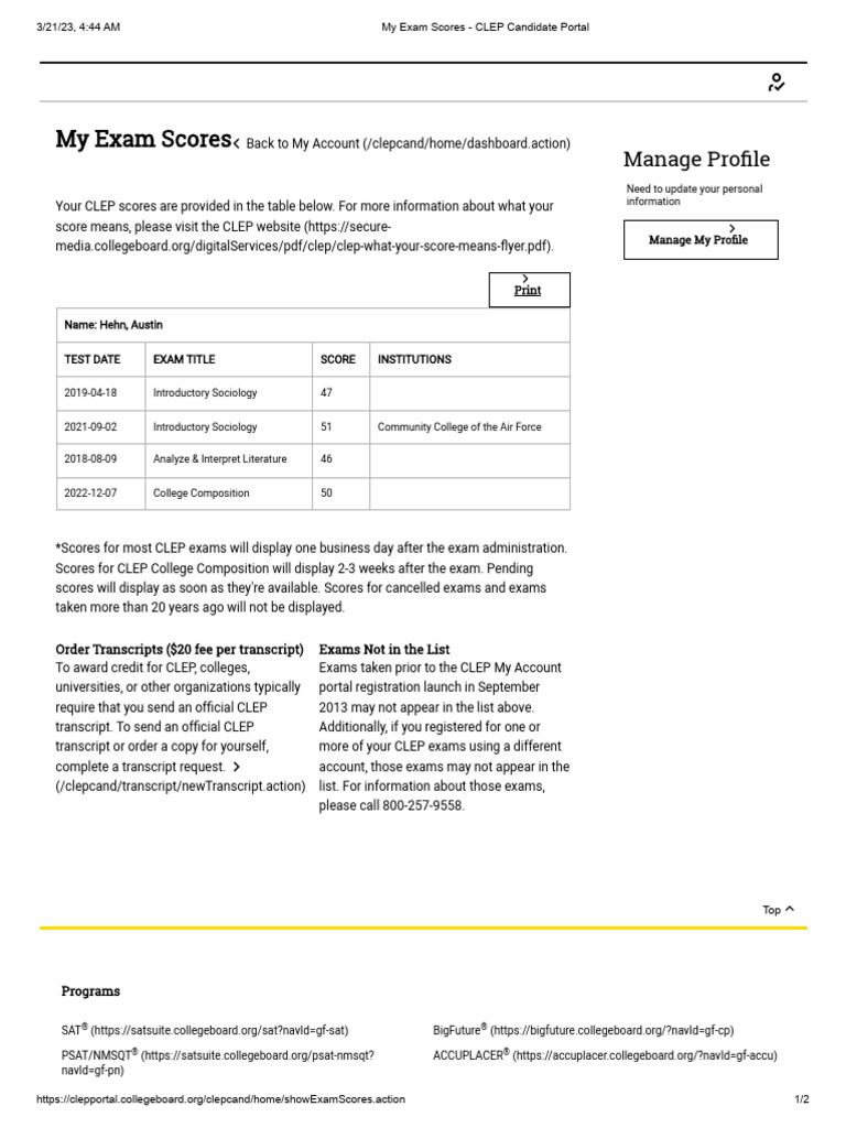 Clep Scores | PDF | College Level Examination Program | Tests