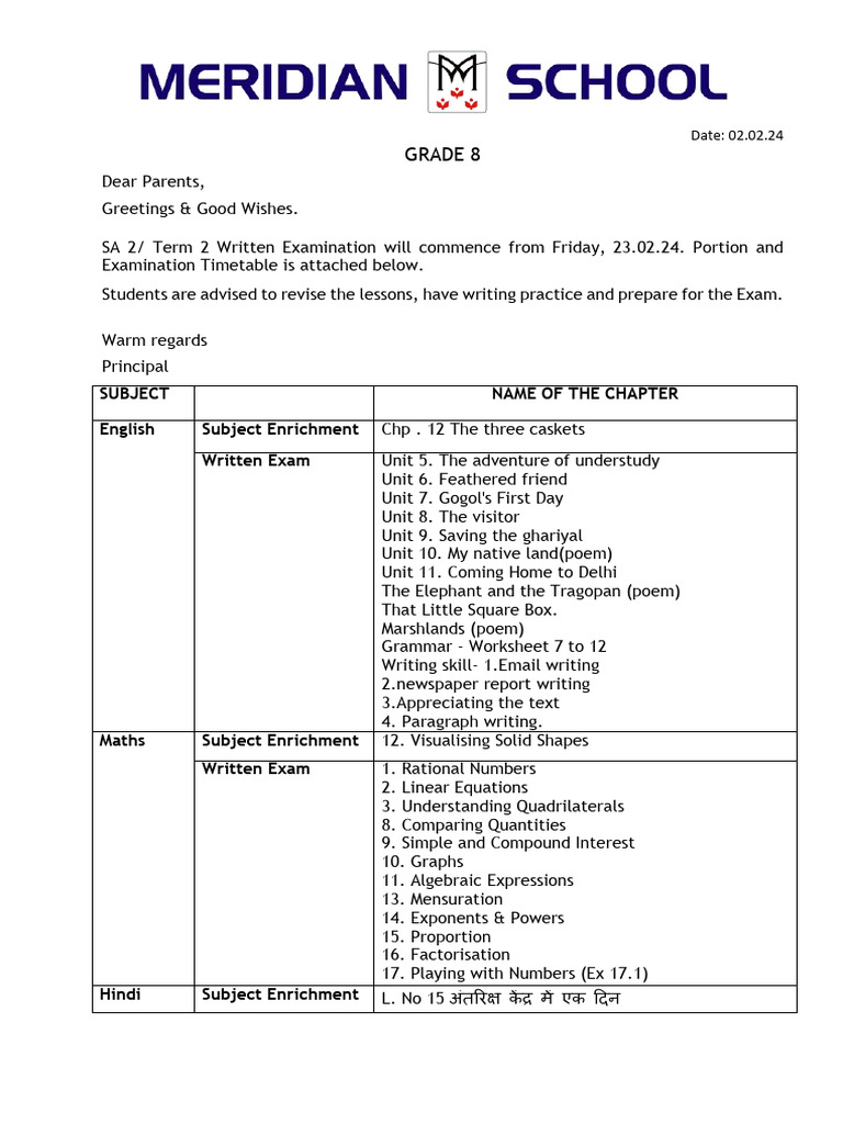 Grade 8 - Term 2 Portion Timetable | PDF