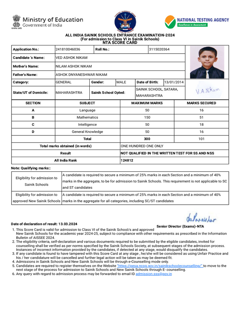 All India Sainik Schools Entrance Exam Aissee - Aissee - 2024 - India | PDF