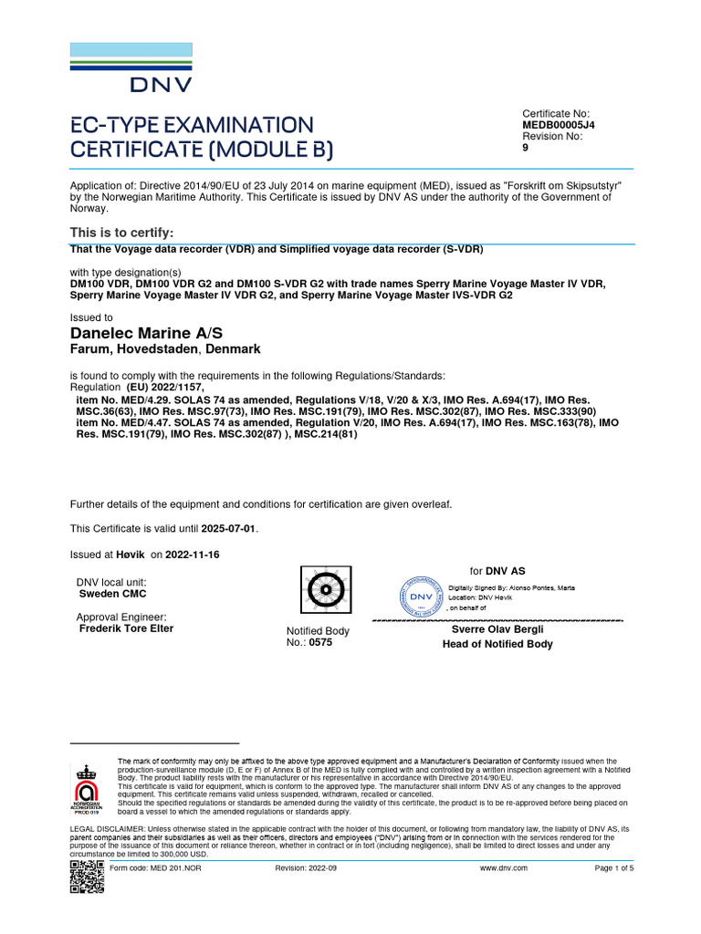 DM100 VDR Type Approval Certificate (DNV GL Wheelmark) (MED B) | PDF