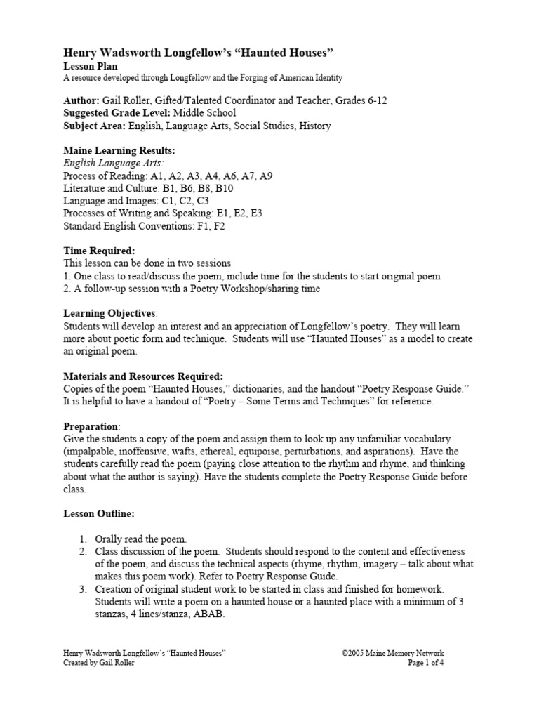 Longfellow's Haunted Houses Lesson Plan | PDF | Poetry