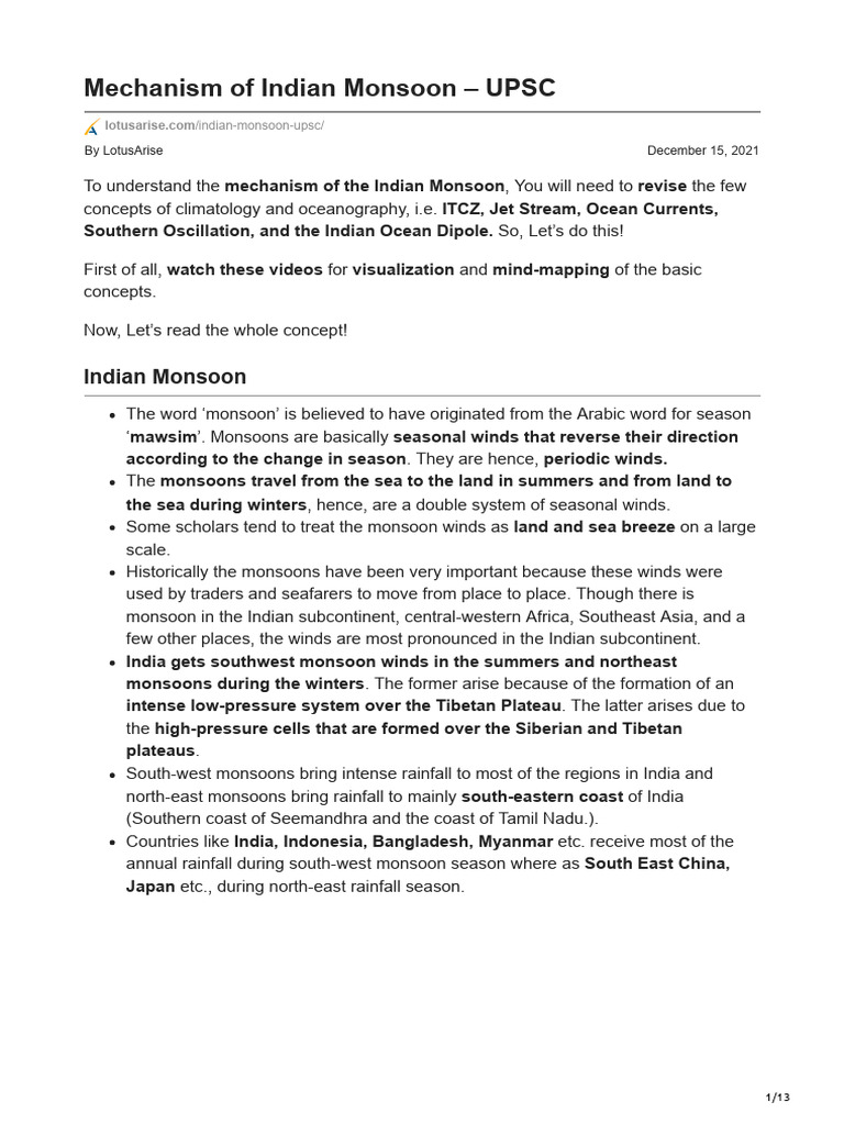 Mechanism of Indian Monsoon UPSC | PDF | Monsoon | Atmosphere