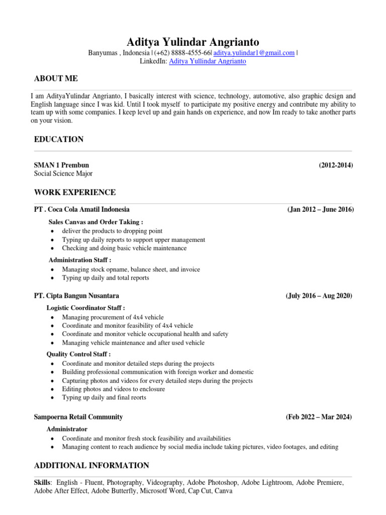 CV Aditya Yulindar Angrianto | PDF
