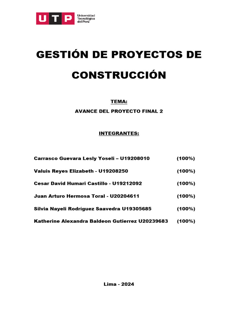 1 - Semana 05 - Avance Del Proyecto Final 2 - Grupo8 | PDF | Presupuesto | Calidad (comercial)