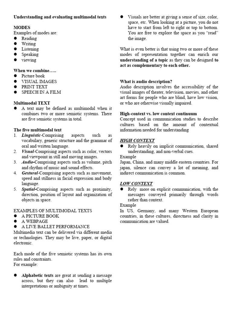 Understanding and Evaluating Multimodal Texts | PDF | Communication ...