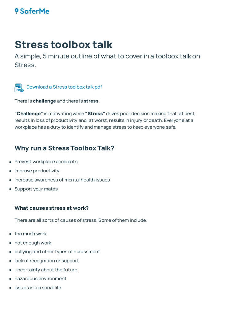 Stress Toolbox Talk | Download Free PDF | Occupational Safety And ...