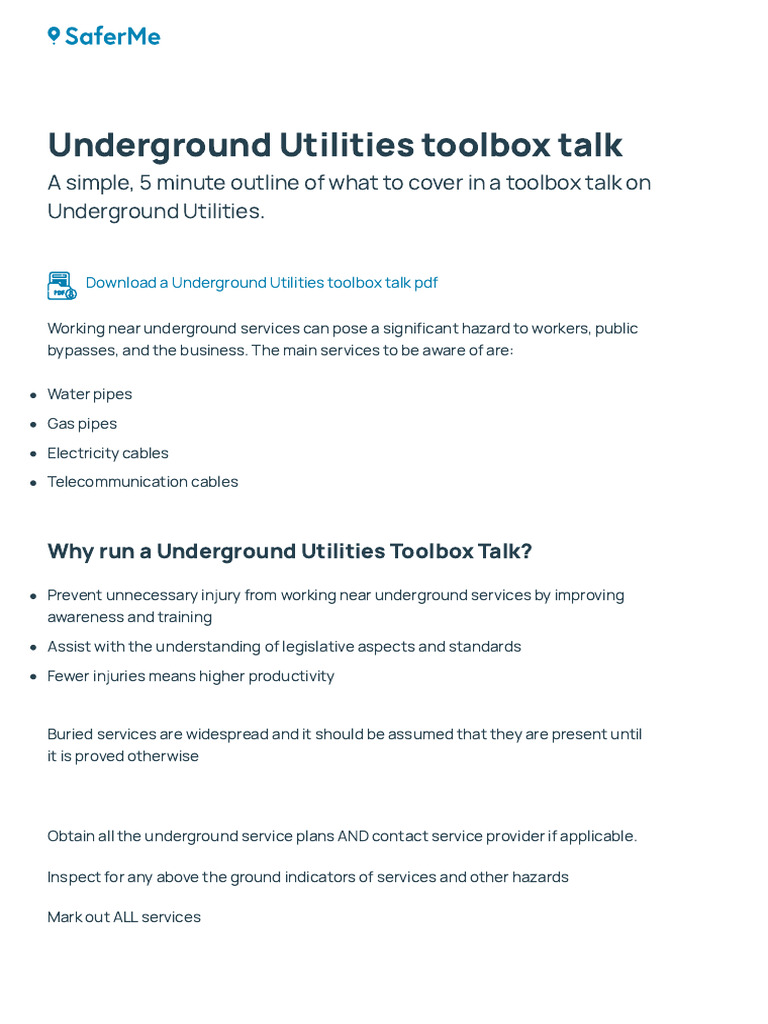 Underground Utilities Toolbox Talk | PDF | Occupational Safety And ...