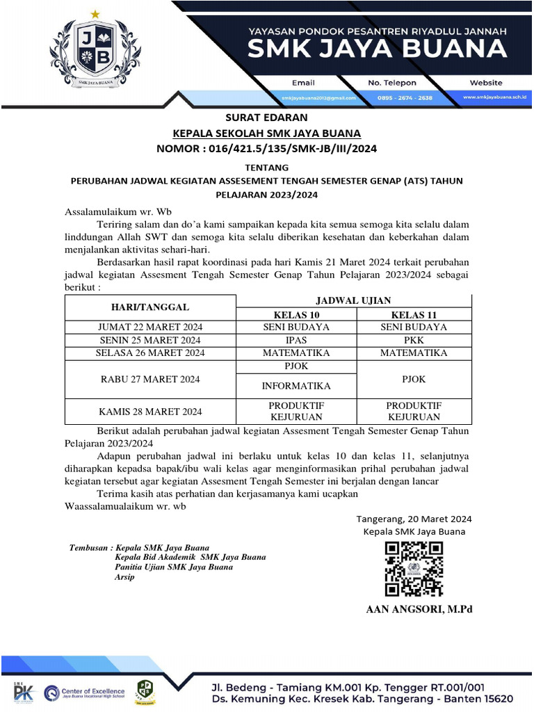 Perubahan Jadwal ATS Genap 2024 SMK Jaya Buana | PDF