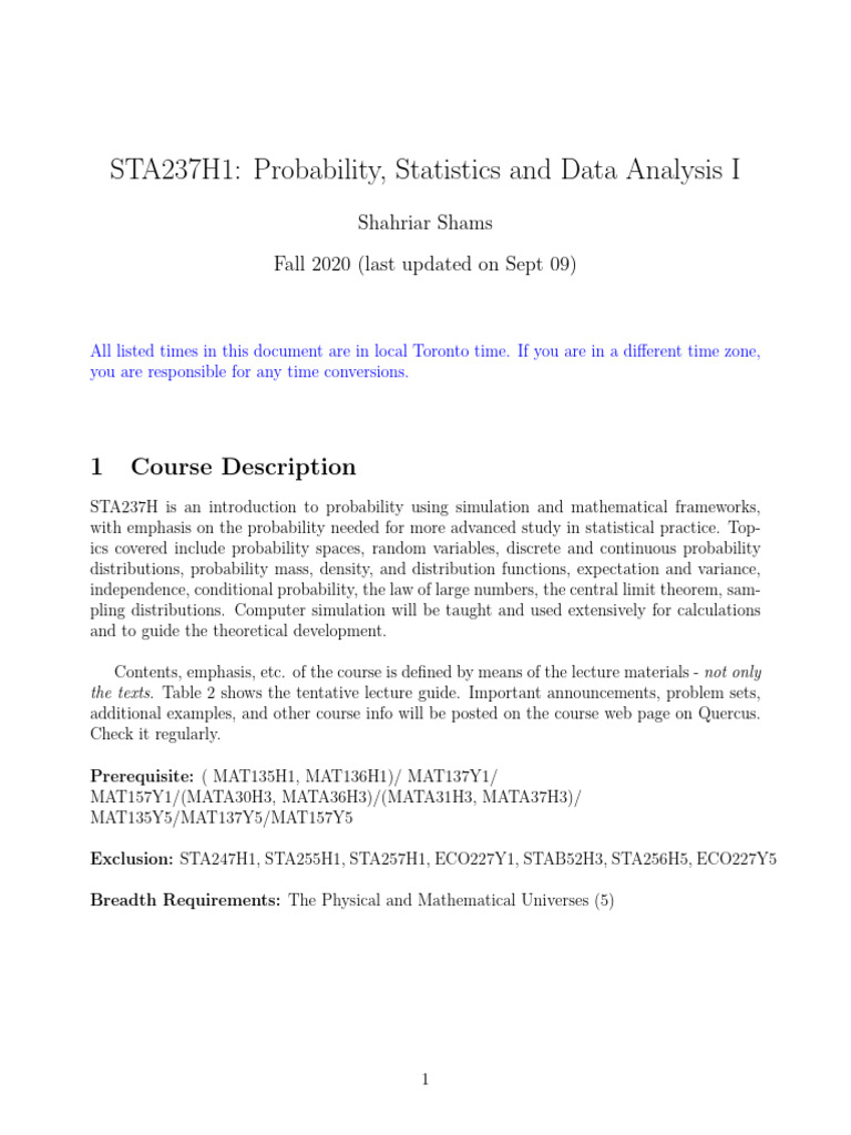 STA237H1 Fall 2020 | PDF | Probability Distribution | Accessibility