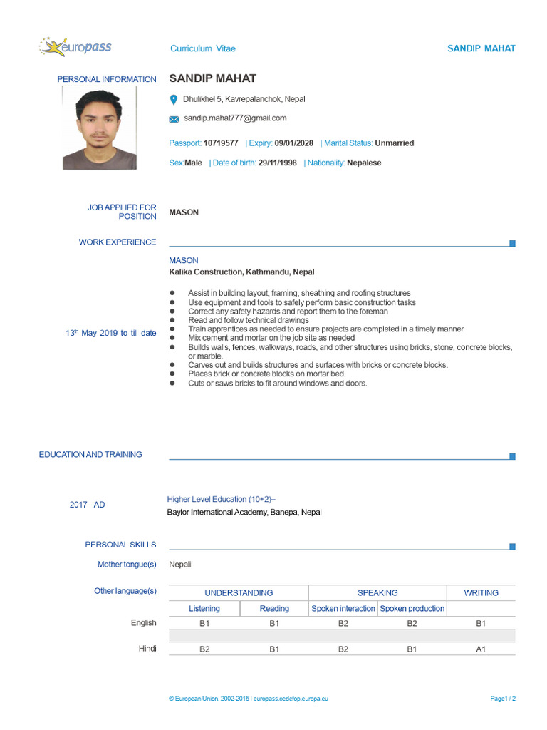 Sandip Mahat CV - Mason - Docs | PDF | Nepal