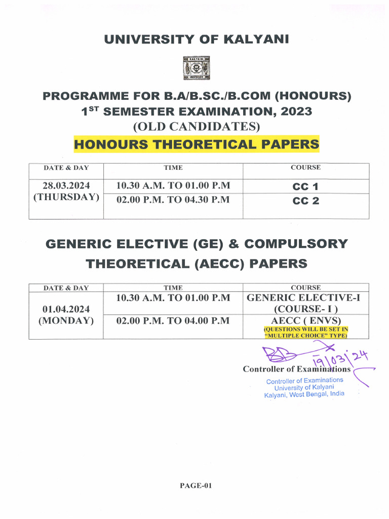 U.G. 1ST Semester Examination Schedule.2023 | PDF