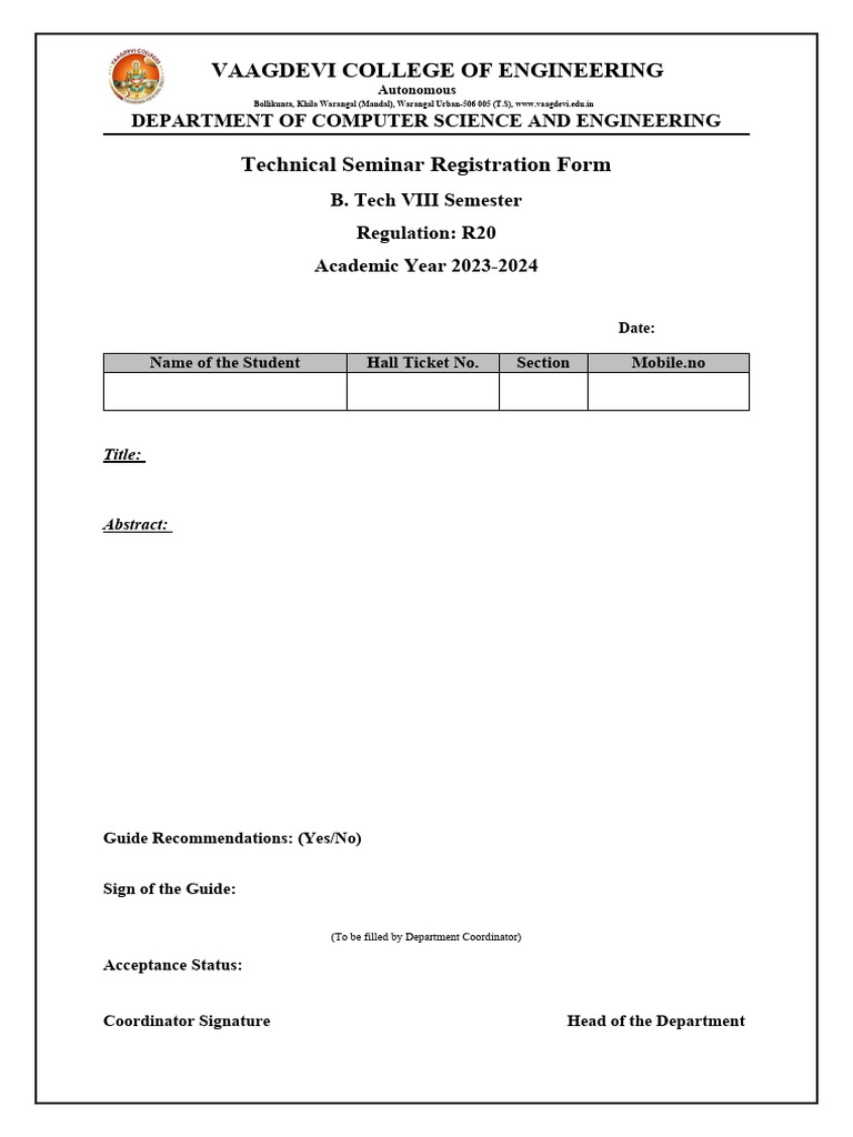 B.Tech CSE Seminar Registration Form | PDF