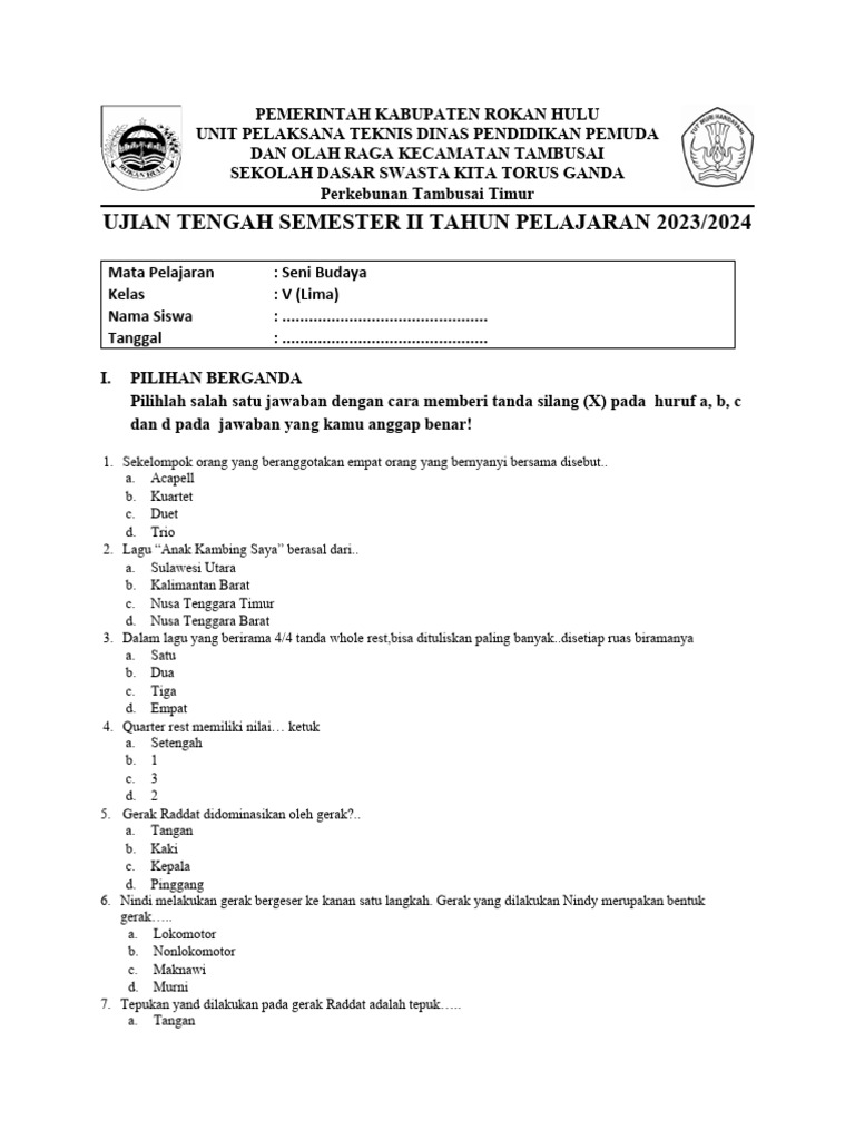 Soal UTS Seni Budaya - Kelas V | PDF