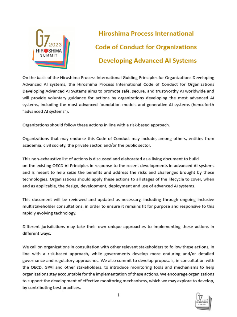 Hiroshima Process International Code of Conduct For Organizations Developing Advanced AI Systems ...