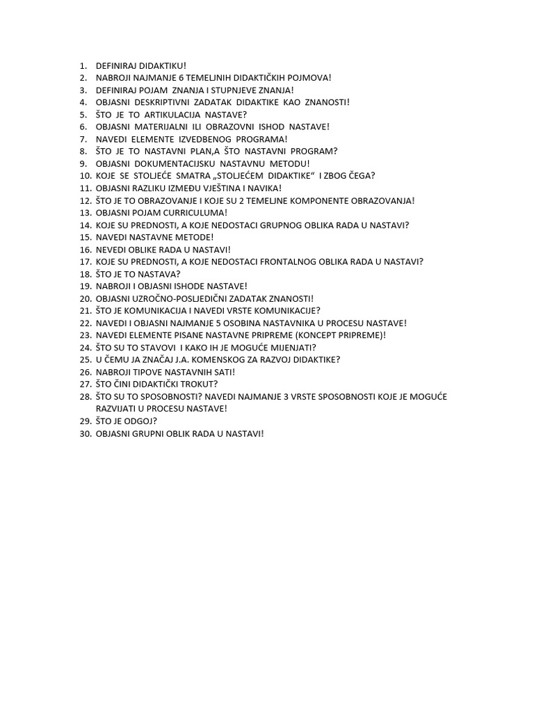 Didaktika - Okvirna Pitanja Za Ispit - FZS | PDF