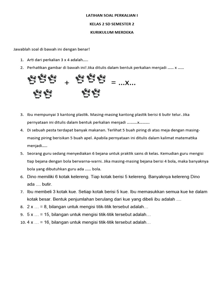 LATIHAN SOAL PERKALIAN I 2 SD Grade 1 | PDF