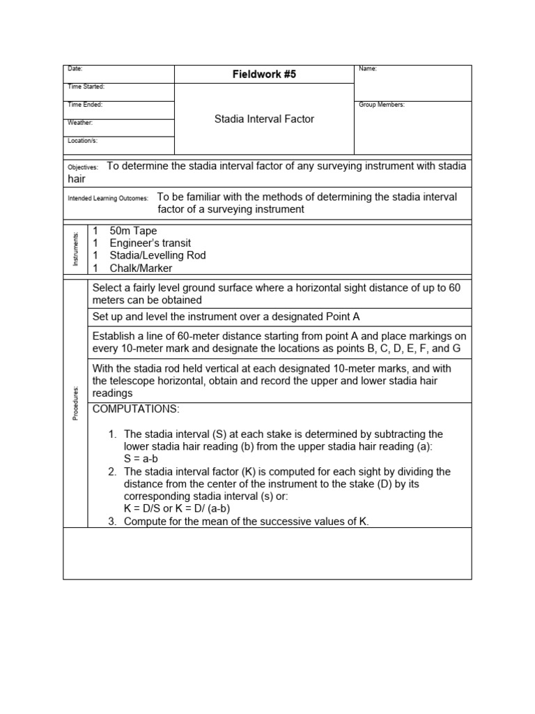 Surveying Fieldwork 5 Stadia Interval Factor | PDF | Surveying