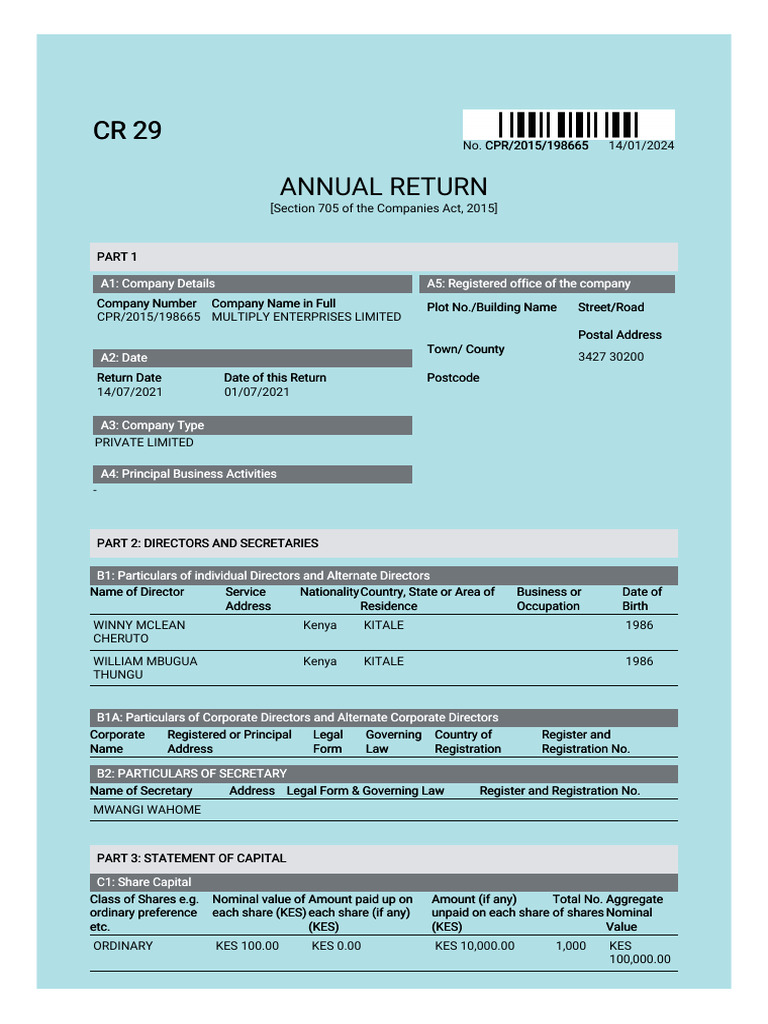 CPR - 2015 - 198665 Annual Return Form | PDF | Private Law | Business Law